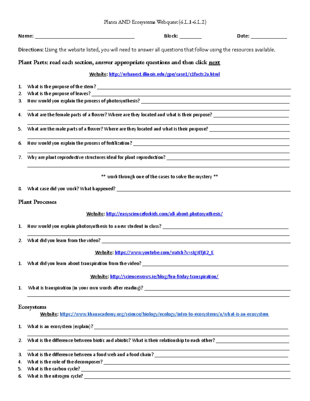 Copy of Web Quest L1 and L2 - Plants AND Ecosystems Webquest (6.L.1-6.L ...