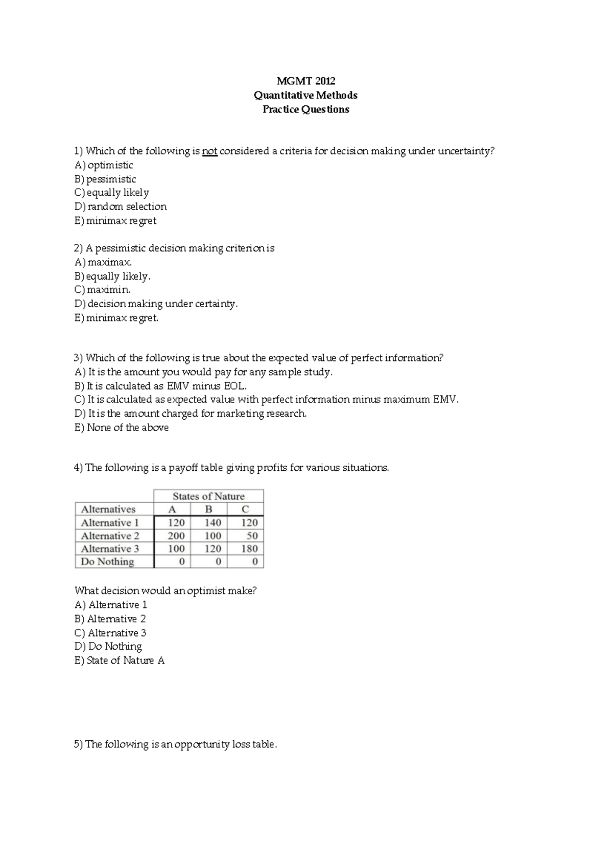 MGMT 2012 Practice coursework 2023 - MGMT 2012 Quantitative Methods Practice Questions Which of ...