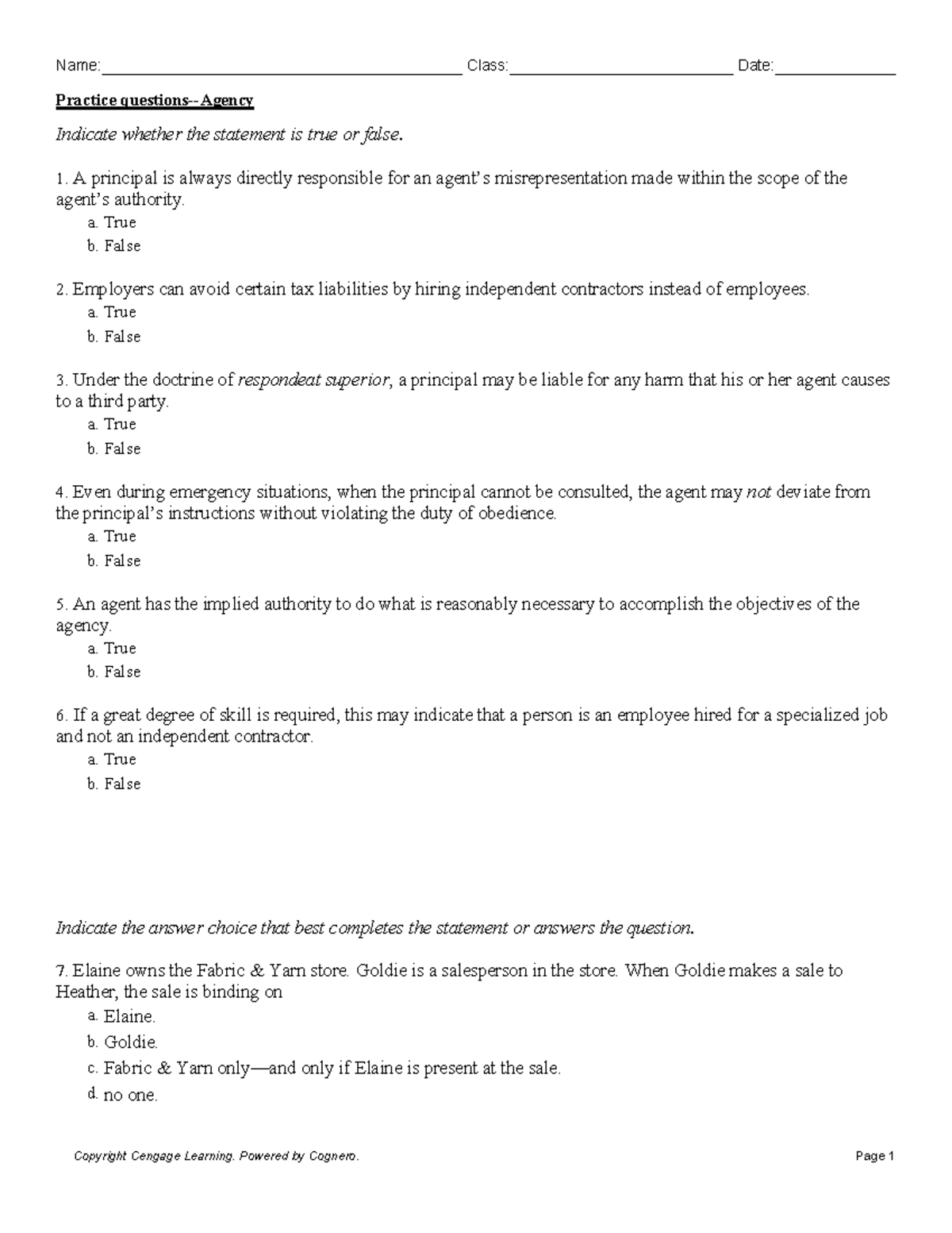 Sample questions Agency - Name: Class: Date: Practice questions-Agency ...