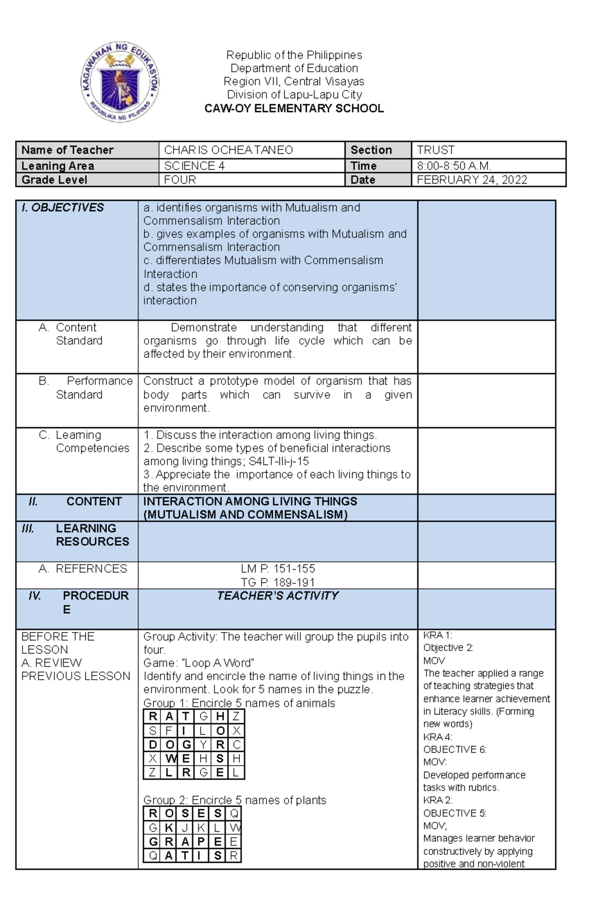 Science 4 COT 2ND Quarter - Republic of the Philippines Department of Education Region VII ...