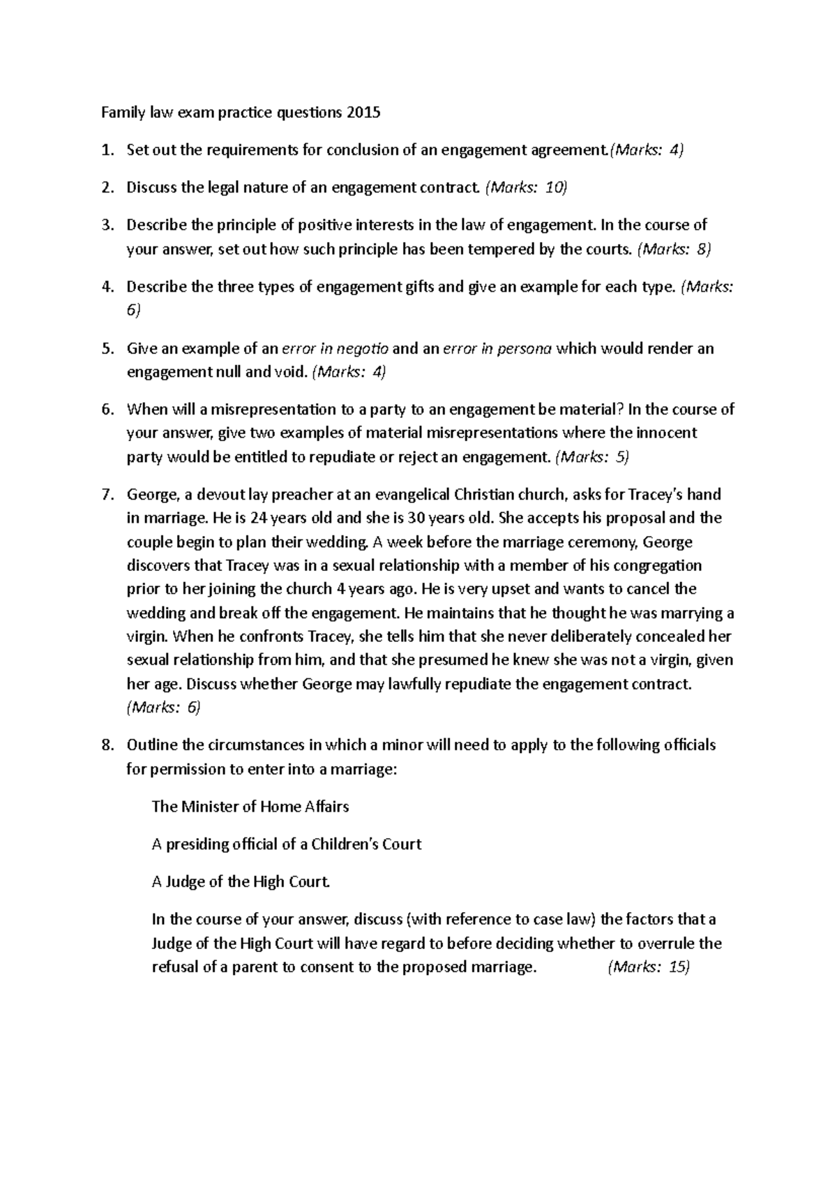 Family law exam practice questions 2015 - (Marks: 4) Discuss the legal ...