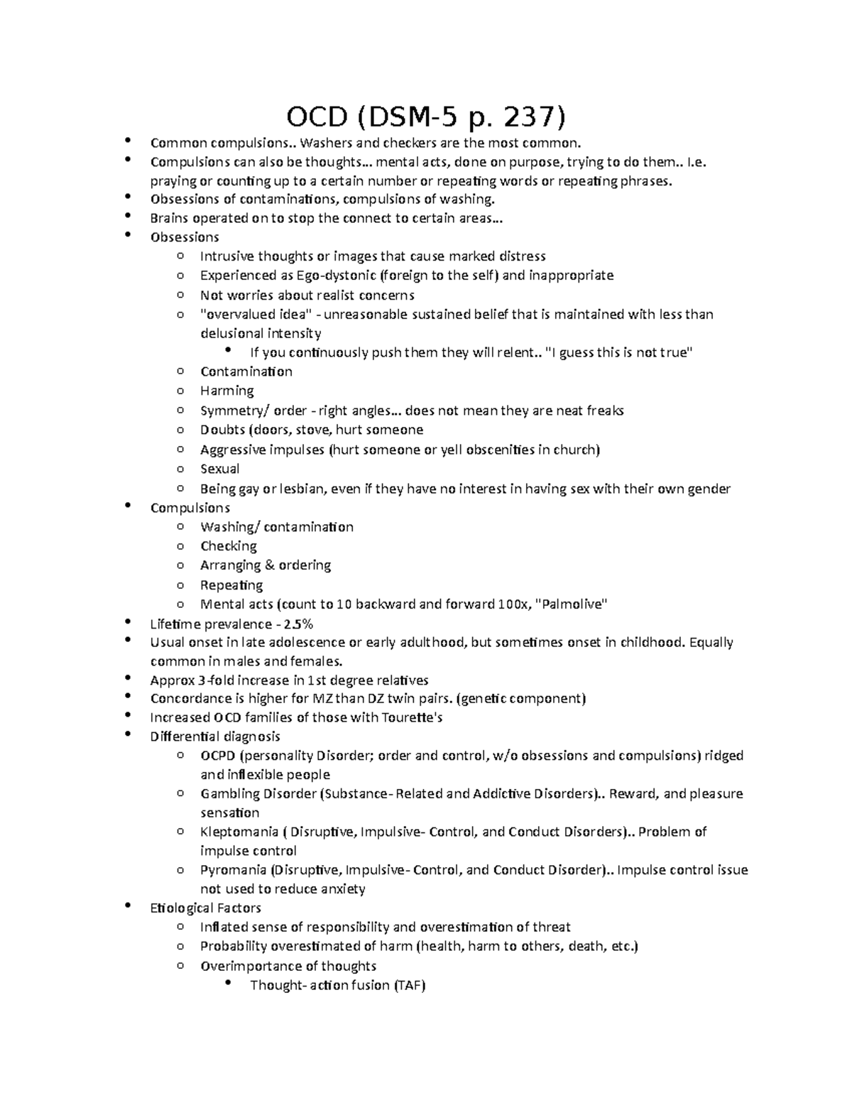 OCD- Notes - Diagnosing criteria, and prevalence - OCD (DSM-5 p. 237 ...