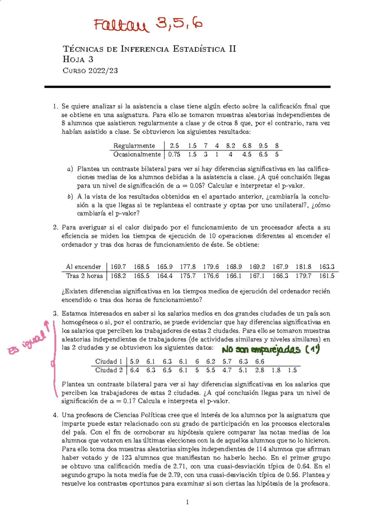 HOJA 3 - Hoja 3 clase - T ́ecnicas de Inferencia Estad ́ıstica II Hoja ...