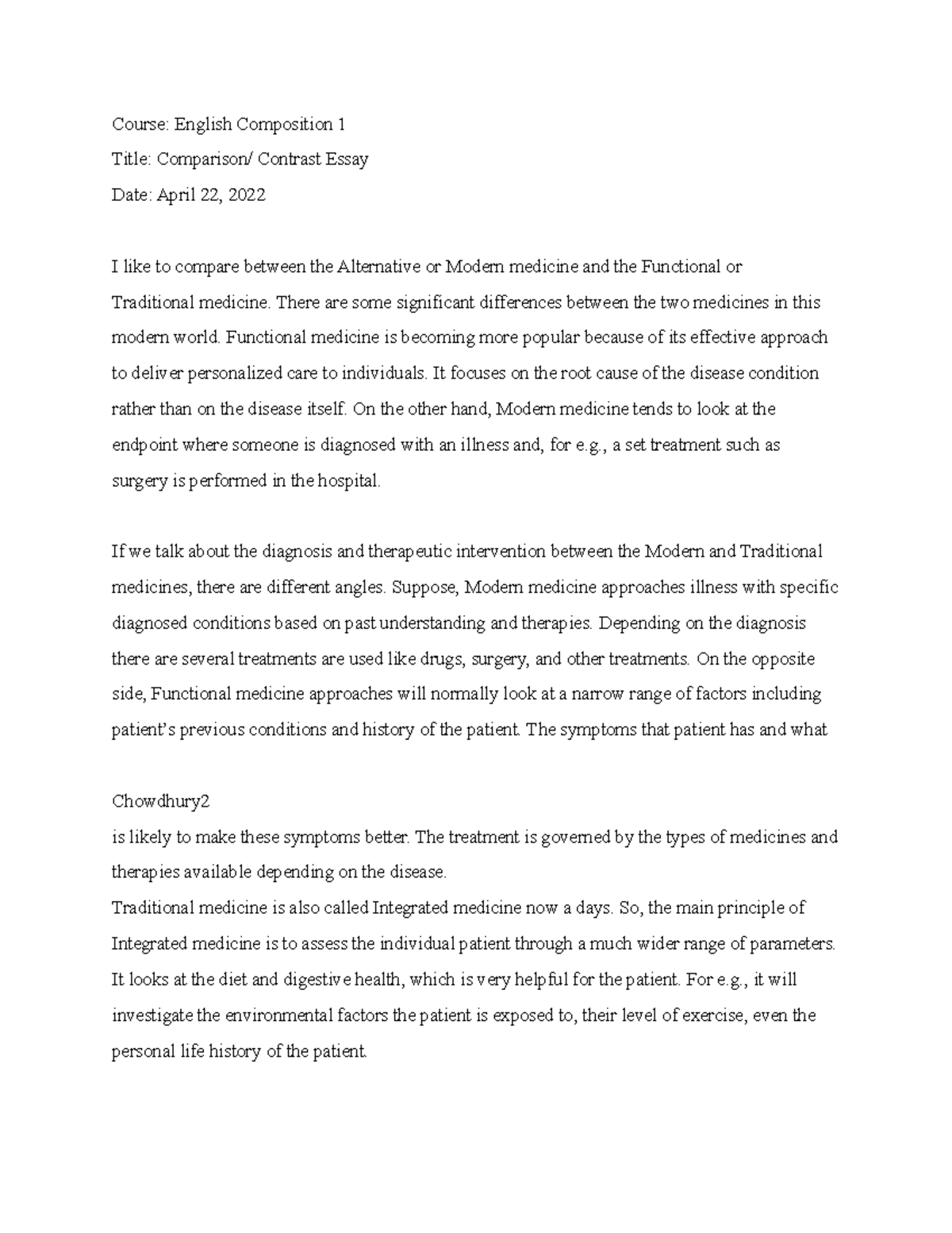 English Essay 2 - Course: English Composition 1 Title: Comparison ...