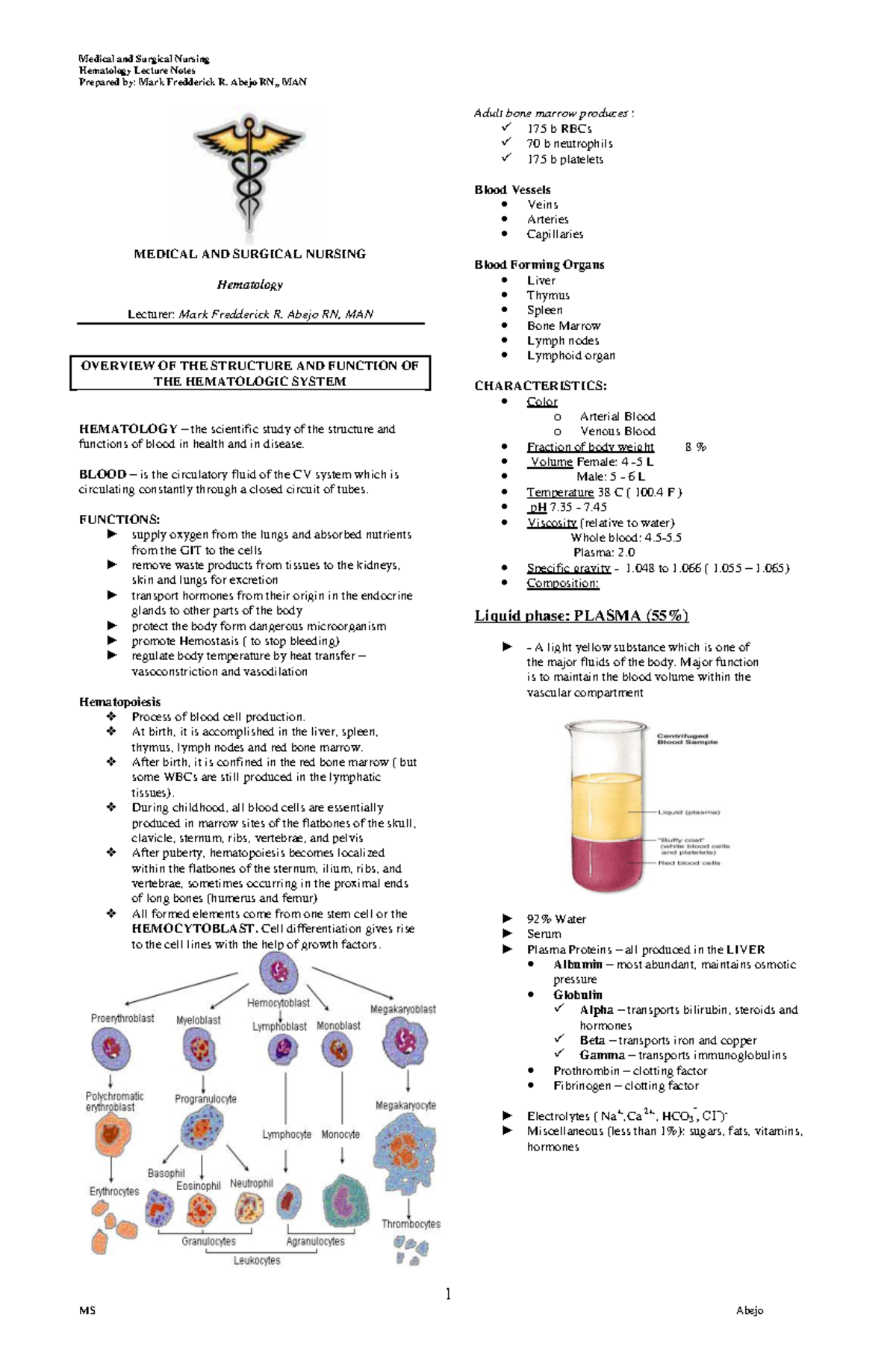 Medical Surgical Nursing Handouts - Hematology Lecture Notes Prepared ...