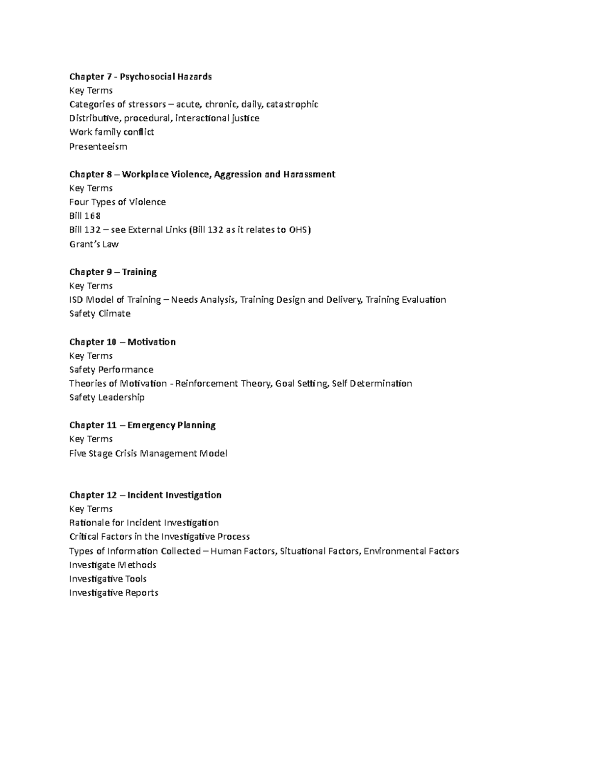OHS Quiz Review - finals summary - Chapter 7 Psychosocial Hazards Key ...