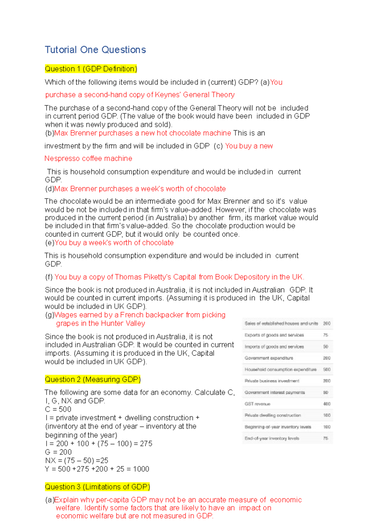 Tutorial Questions ALL - Tutorial One Questions Question 1 (GDP ...