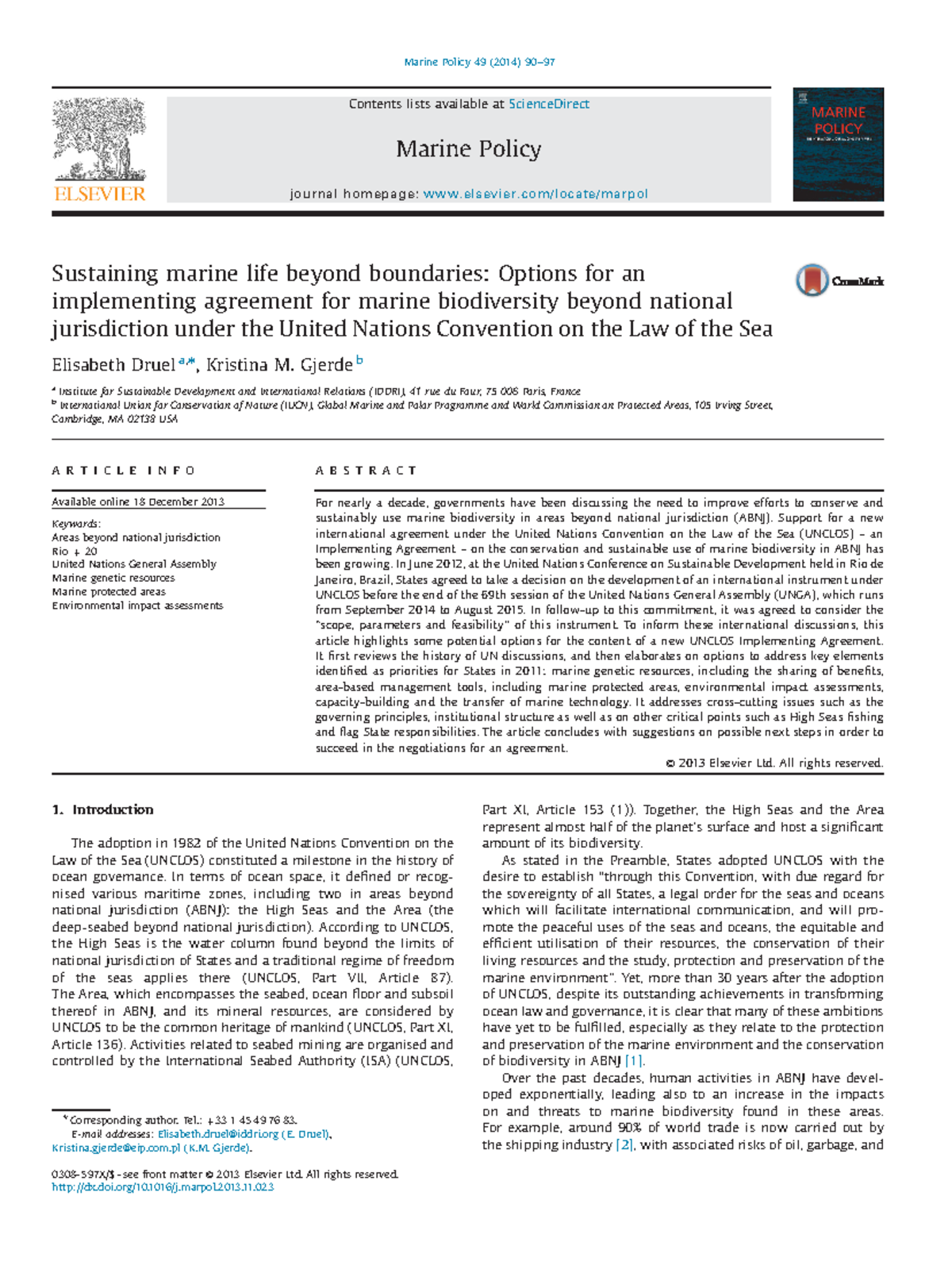 Sustaining marine life beyond boundaries - Gjerde b a Institute for ...