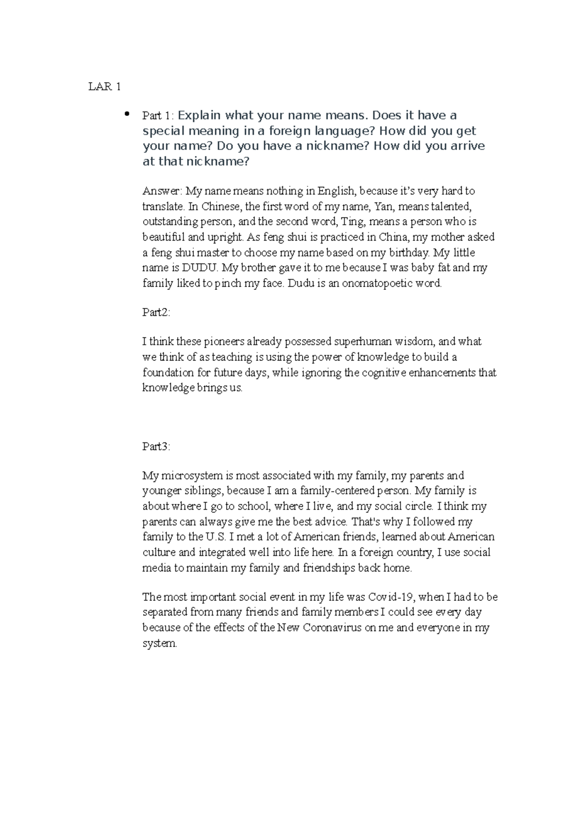 LAR 1 - lecture 1 note - LAR 1 Part 1: Explain what your name means ...