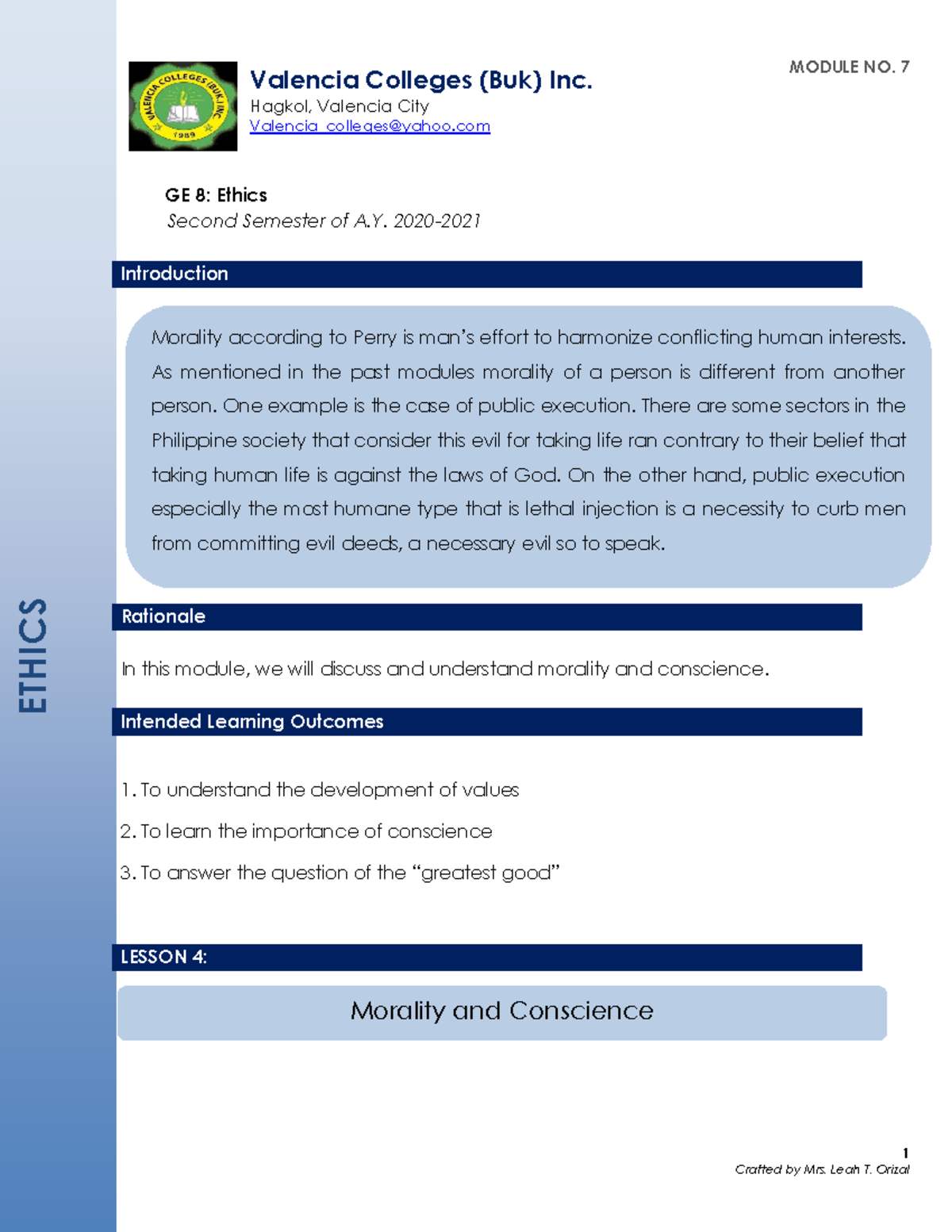 Ethics - Module 7 - ETHICS GE 8: Ethics Second Semester of A. 2020 ...
