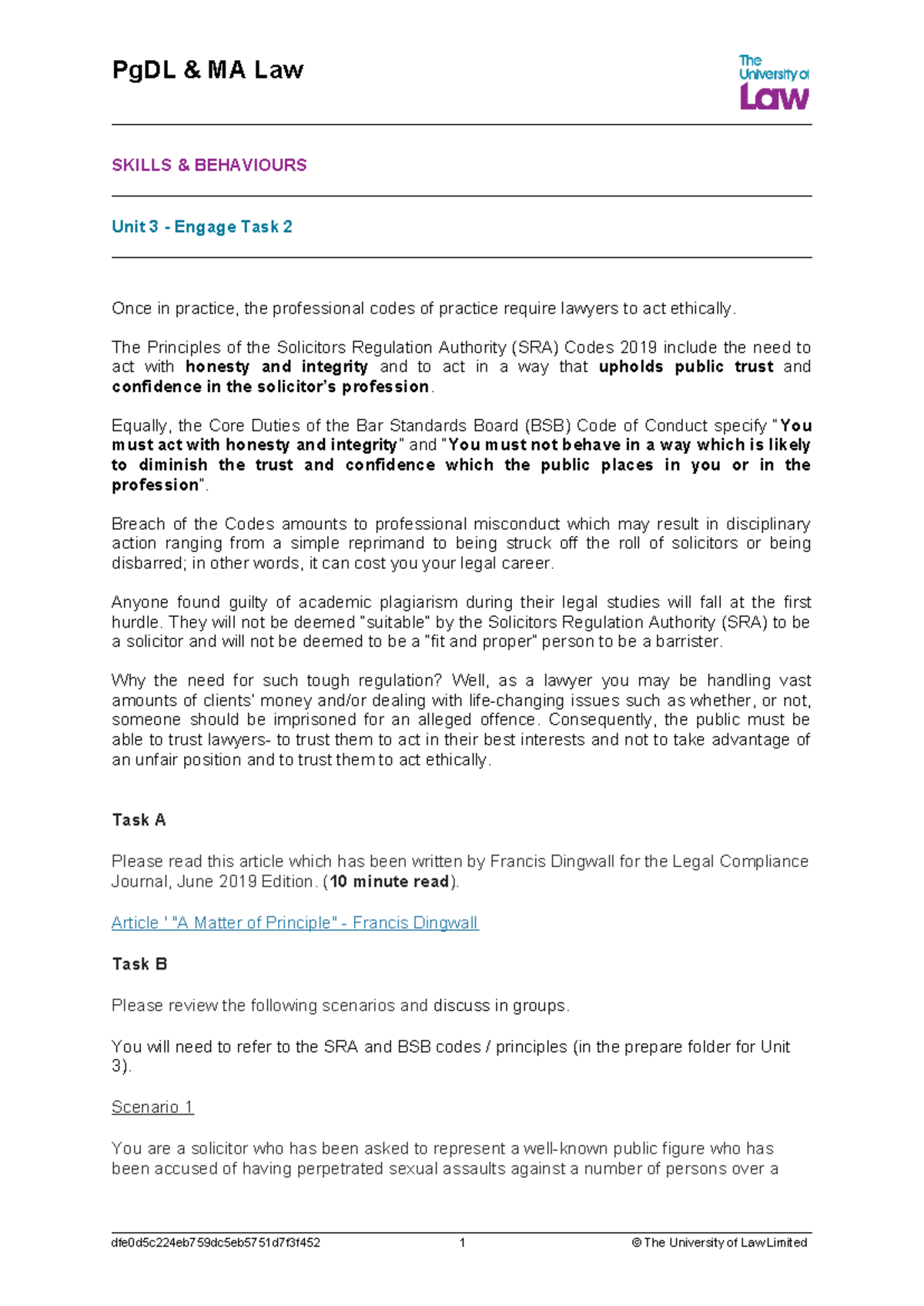 Unit 1 Engage Task 2 - PgDL & MA Law SKILLS & BEHAVIOURS Unit 3 ...