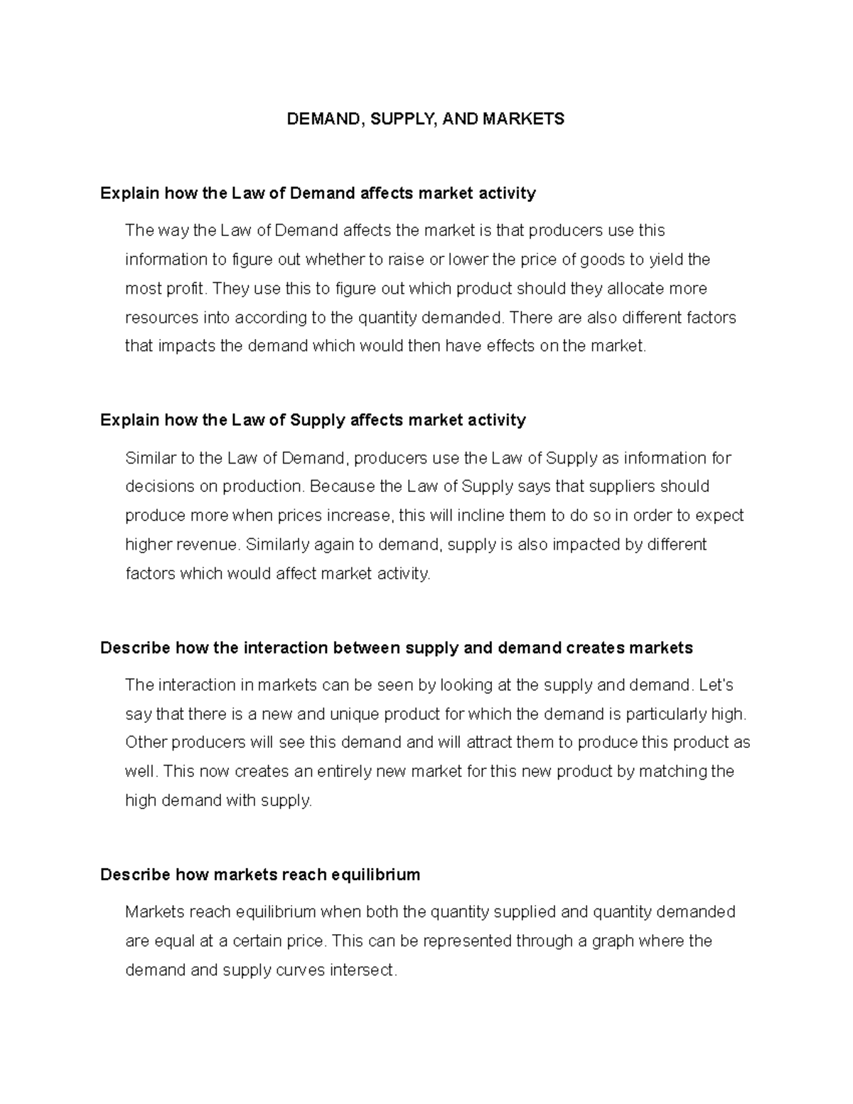 Demand Supply And Markets - DEMAND, SUPPLY, AND MARKETS Explain how the ...