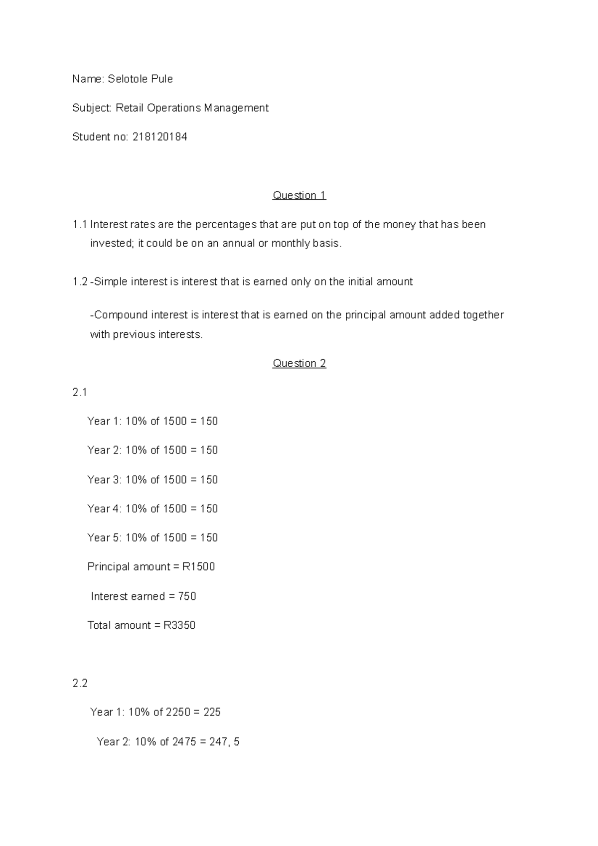 Retail Operations TEST 2 - Name: Selotole Pule Subject: Retail ...