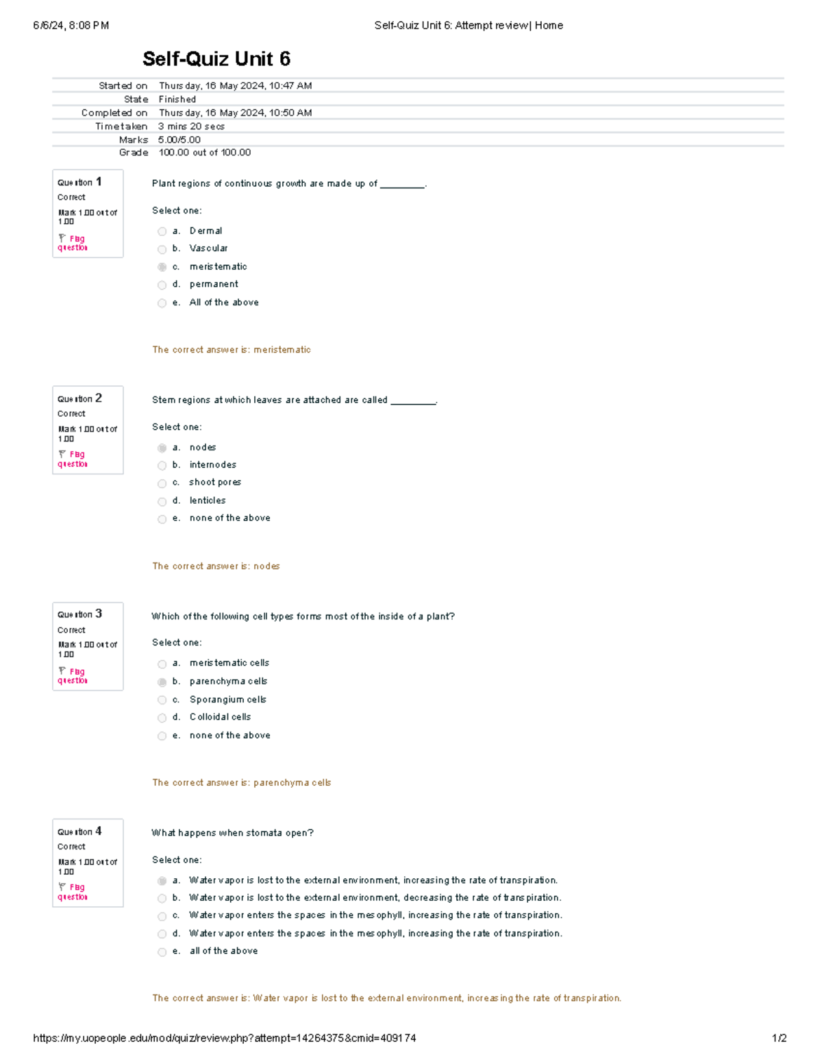 BIOL 1122 2 Self-Quiz Unit 6 Attempt - Question 1 Correct Mark 1 out of 1. Flag question ...