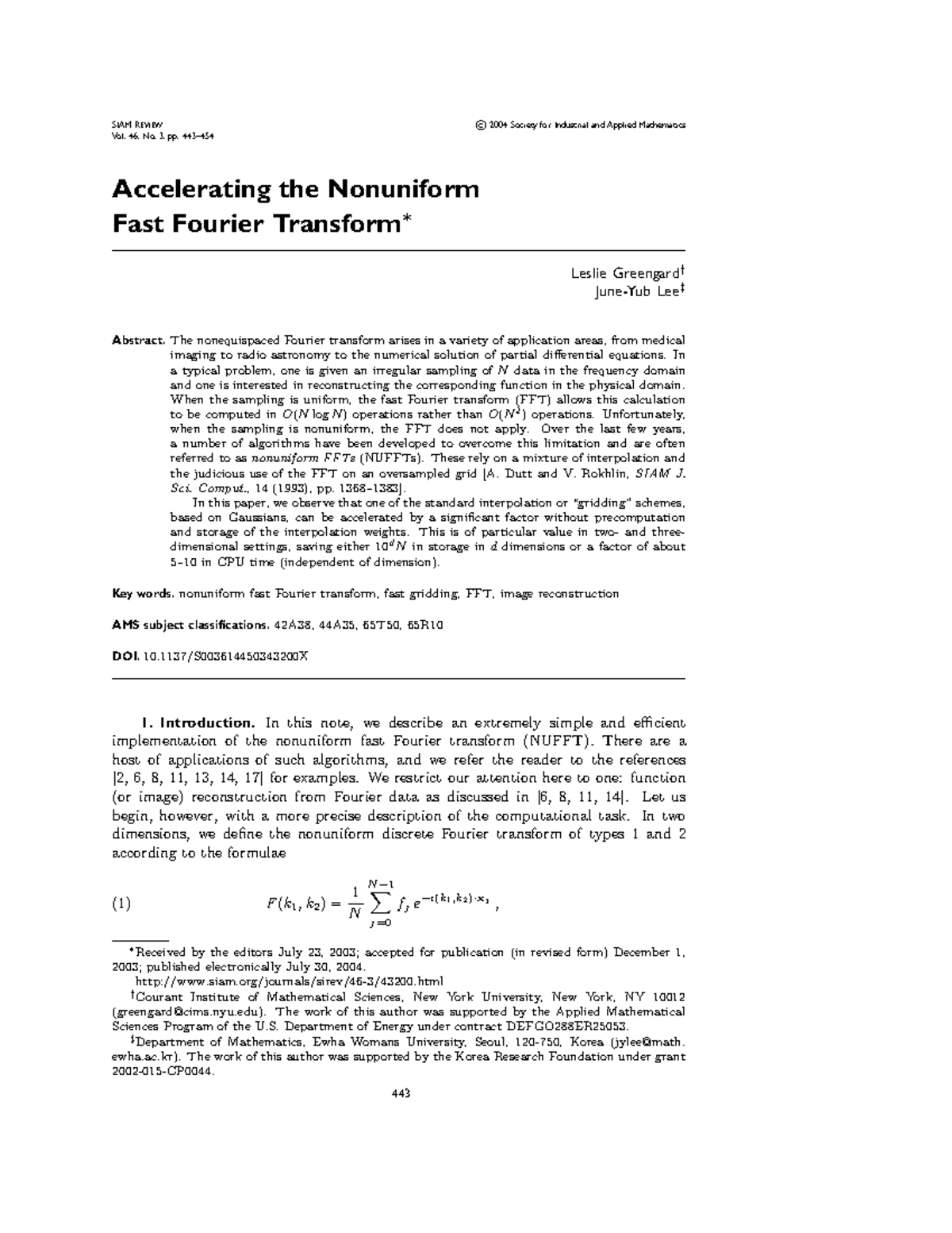 Accelerating the nonuniform fast fourier transform - c 2004 Society for ...