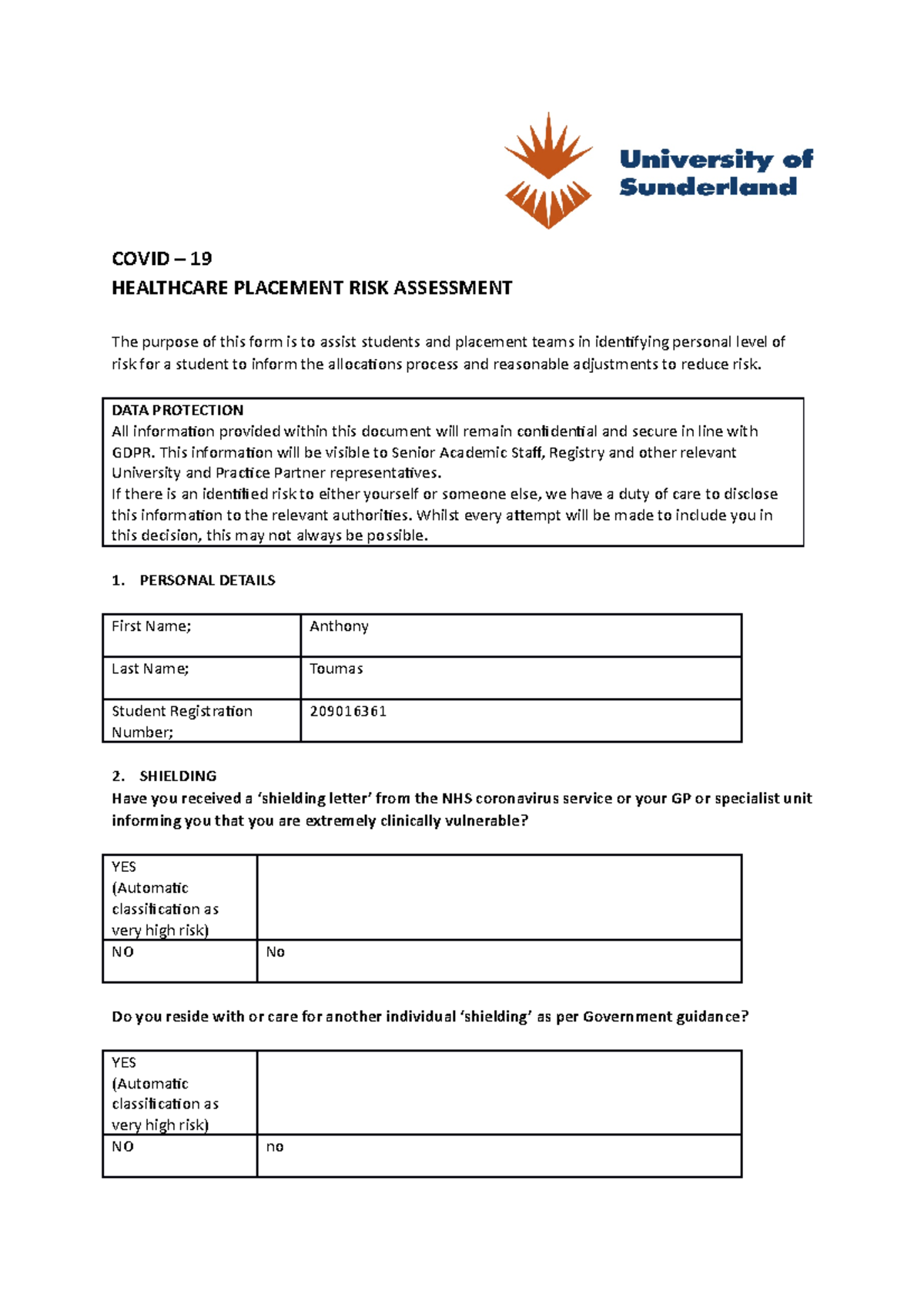 Original form Sunderland Placement Risk Assessment Final - COVID – 19 ...