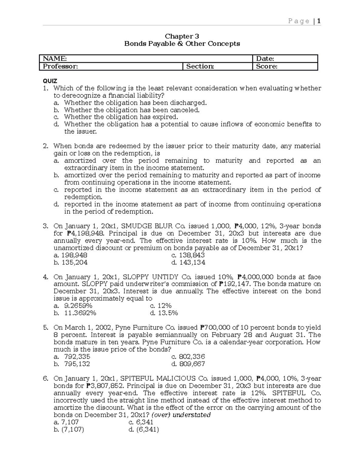 Quiz on Bonds payable and Other concepts - P a g e | 1 Chapter 3 Bonds ...