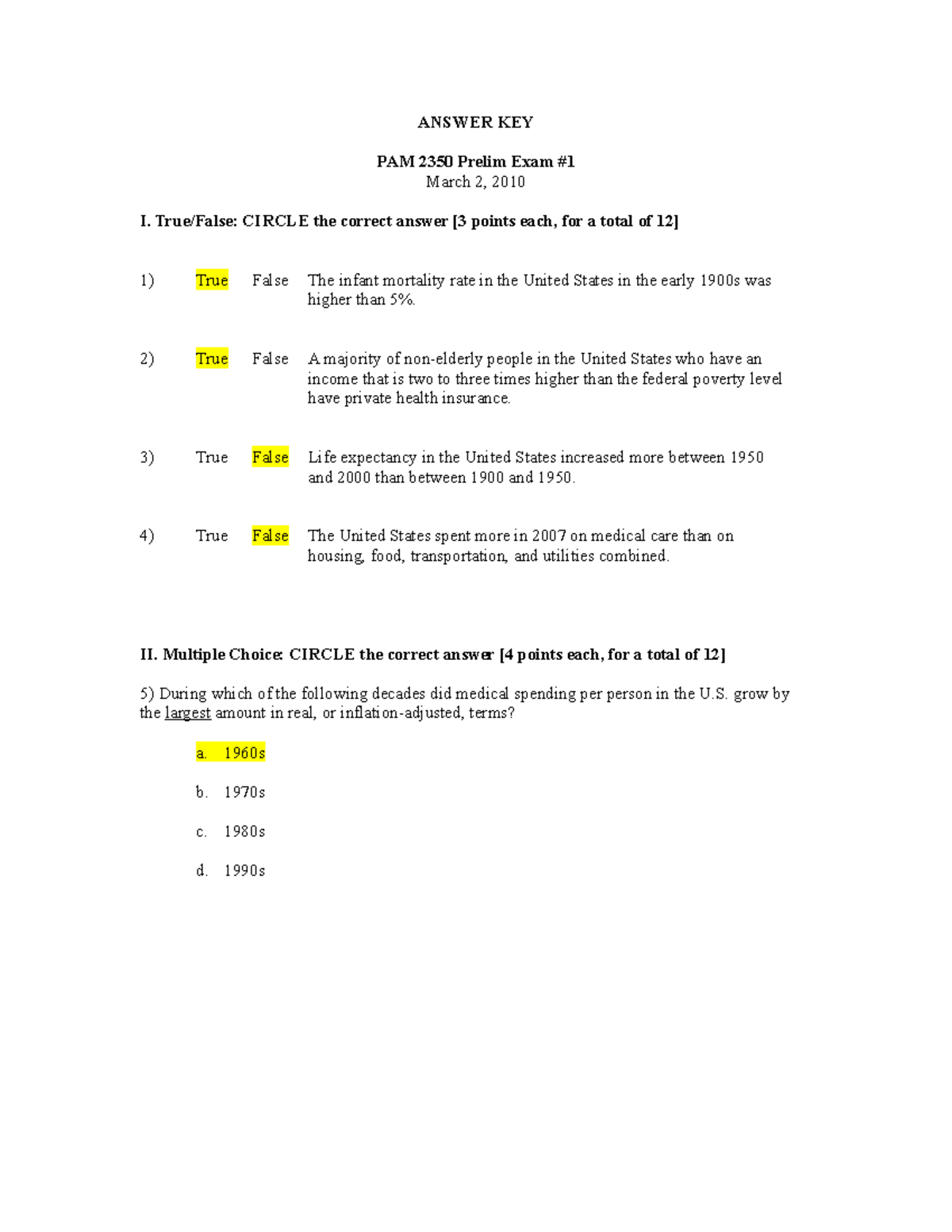 Prelim 1 10 Answers POST - ANSWER KEY PAM 2350 Prelim Exam # March 2 ...