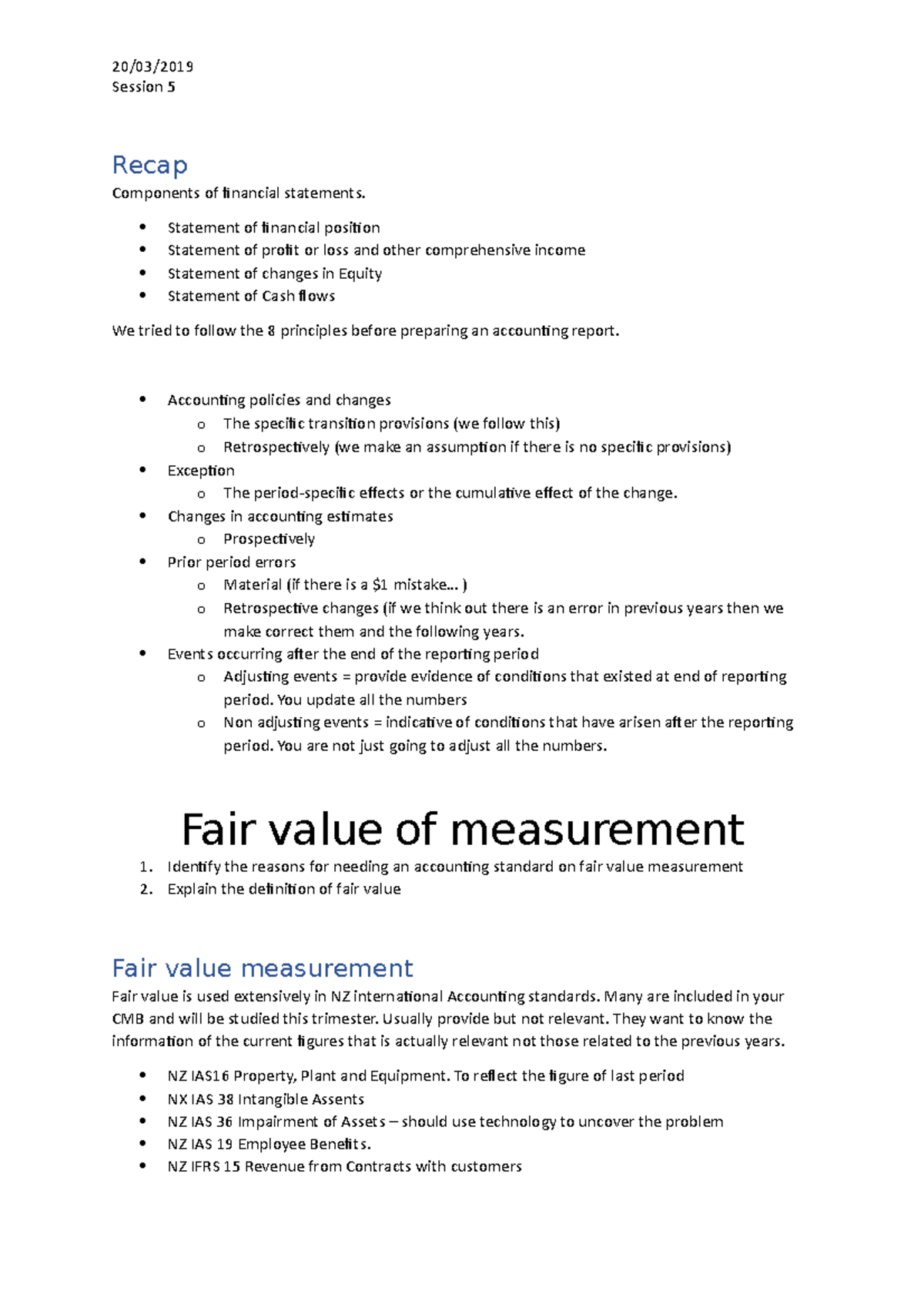 Session 5 Fair value measurement - Session 5 Recap Components of ...