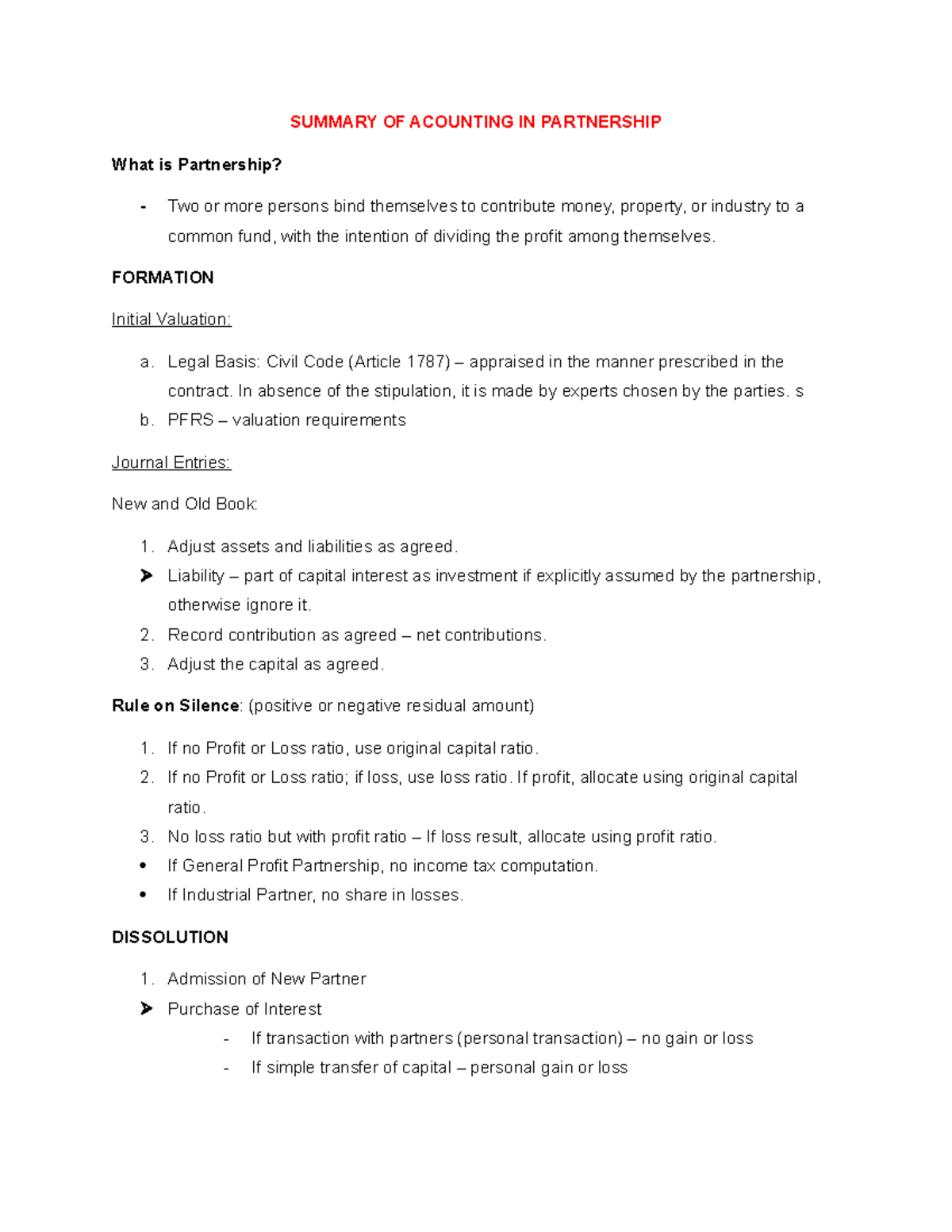 Summary of Partnership Accounting - Accounting for Partnership and ...