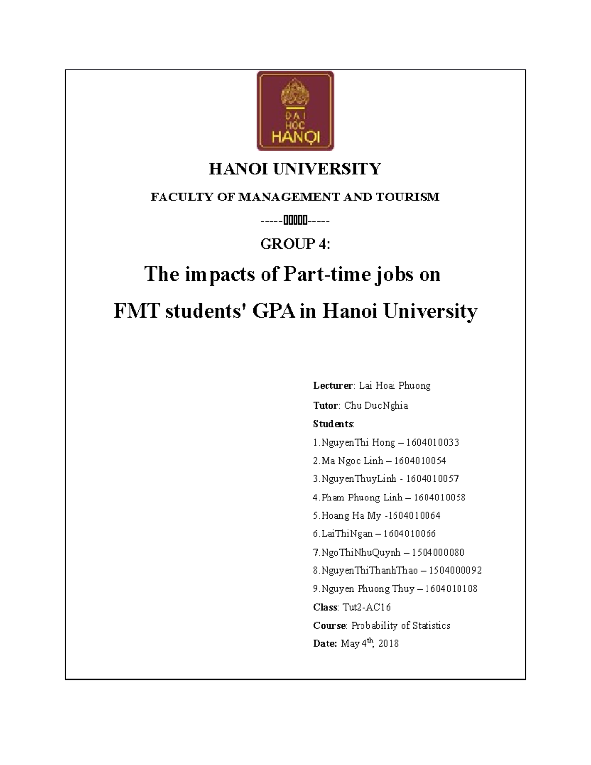 Sta-PRoject - Project - HANOI UNIVERSITY FACULTY OF MANAGEMENT AND ...