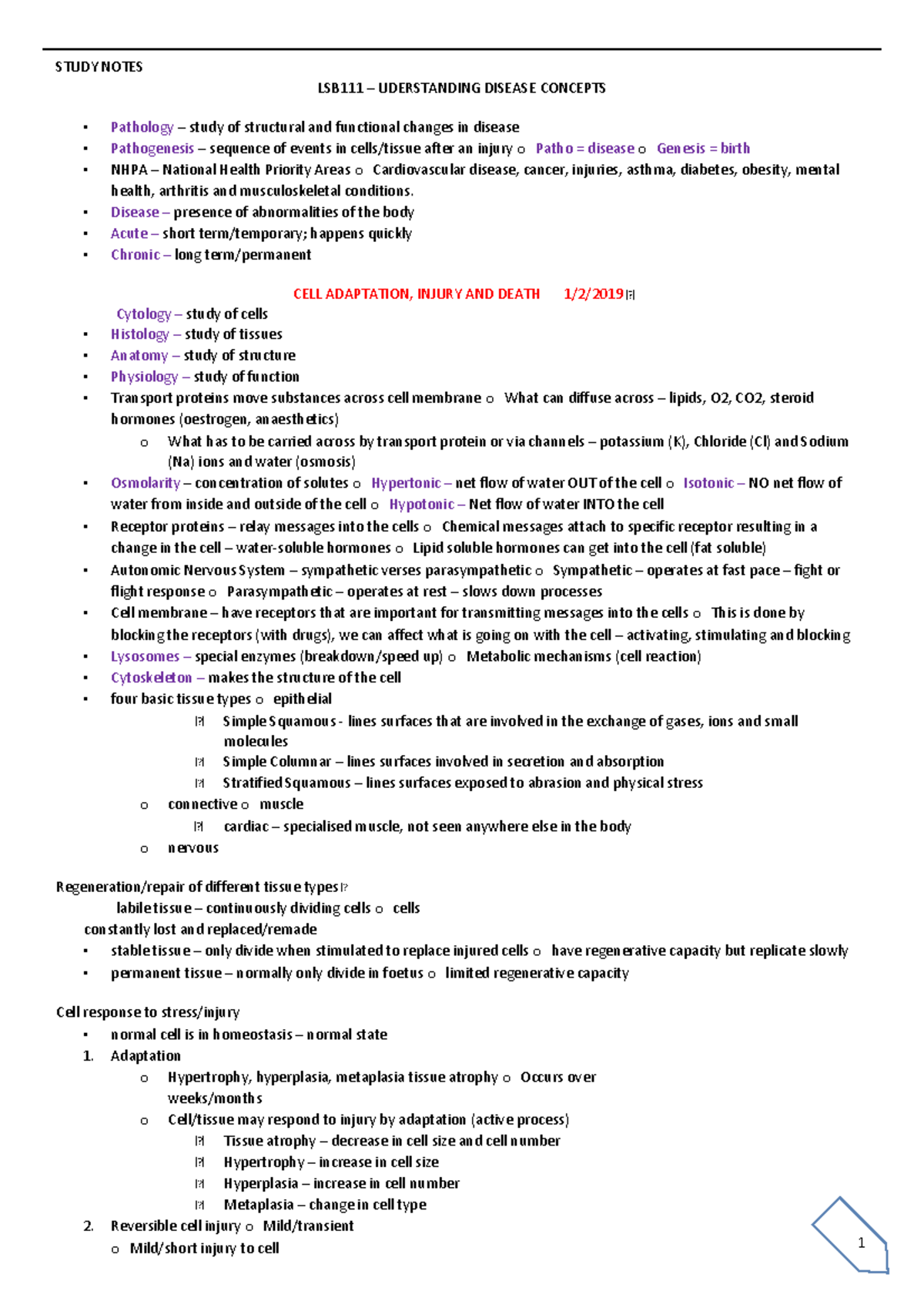 Study Notes LSB111 – Uderstanding Disease Concepts - 1 STUDY NOTES ...