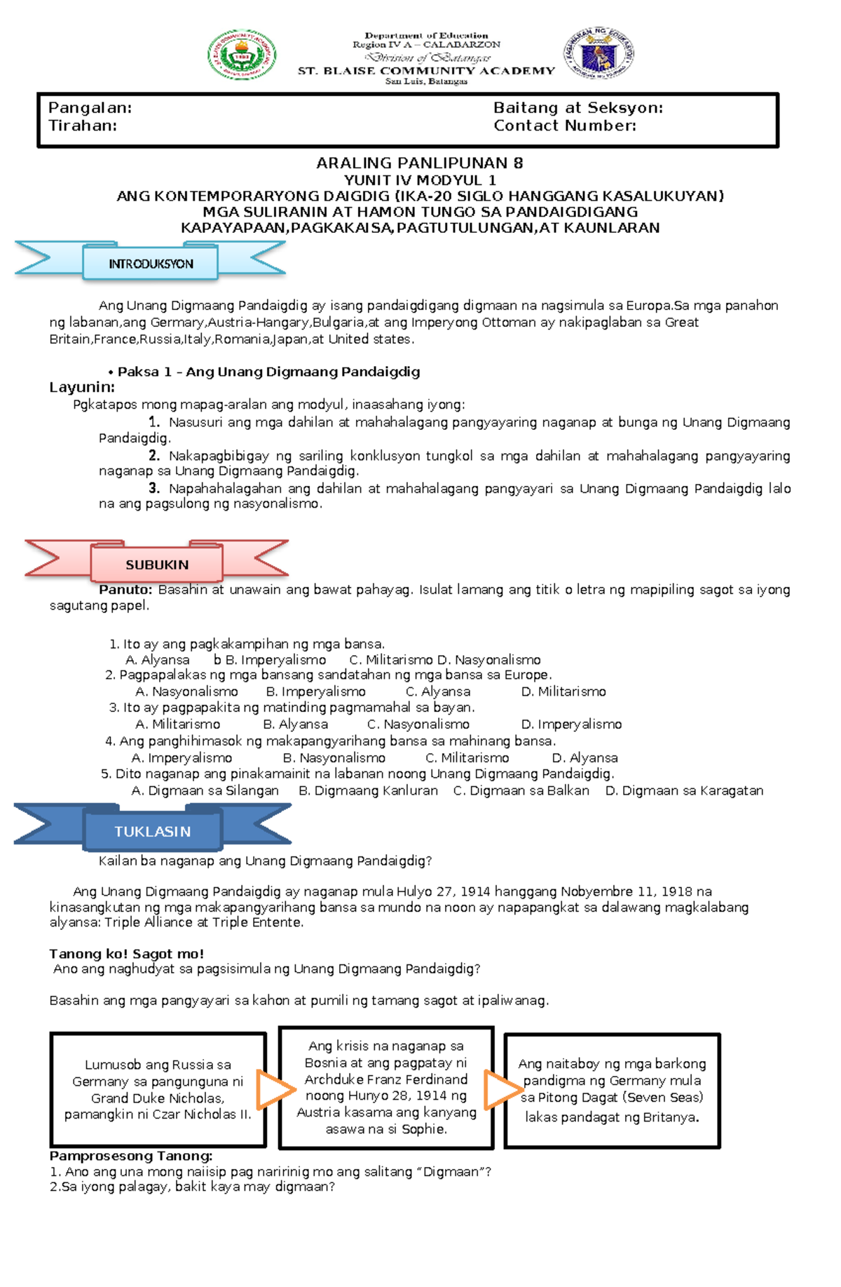 Ap grade 8 module 1 quarter 4 - ARALING PANLIPUNAN 8 YUNIT IV MODYUL 1 ANG KONTEMPORARYONG ...