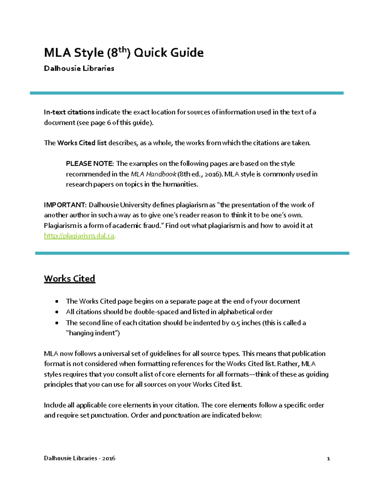 MLA Quick Guide 8th Edition - MLA Style (8th) Quick Guide Dalhousie Libraries In-text citations ...