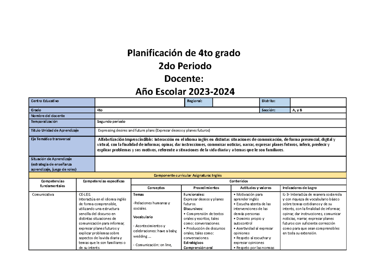 Planificación segundo periodo - 4to - Planificación de 4to grado 2do ...