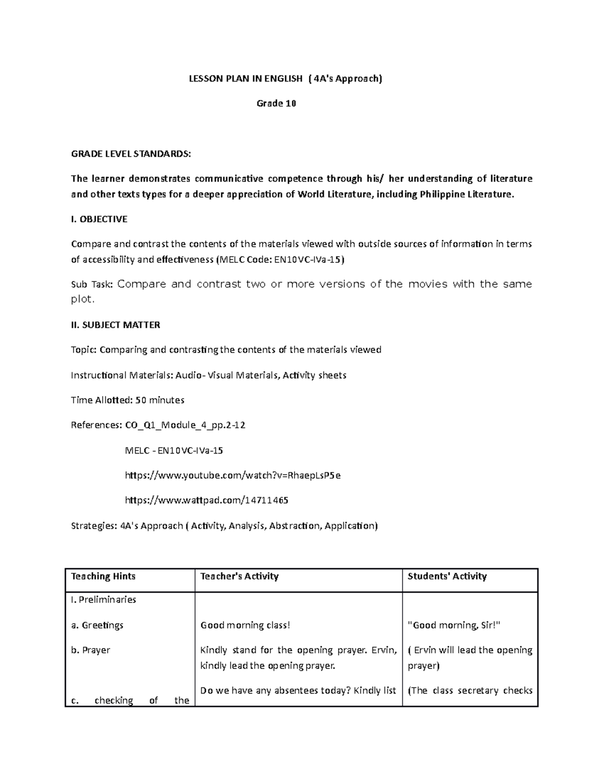 Agner D - For learnings - LESSON PLAN IN ENGLISH ( 4A's Approach) Grade ...