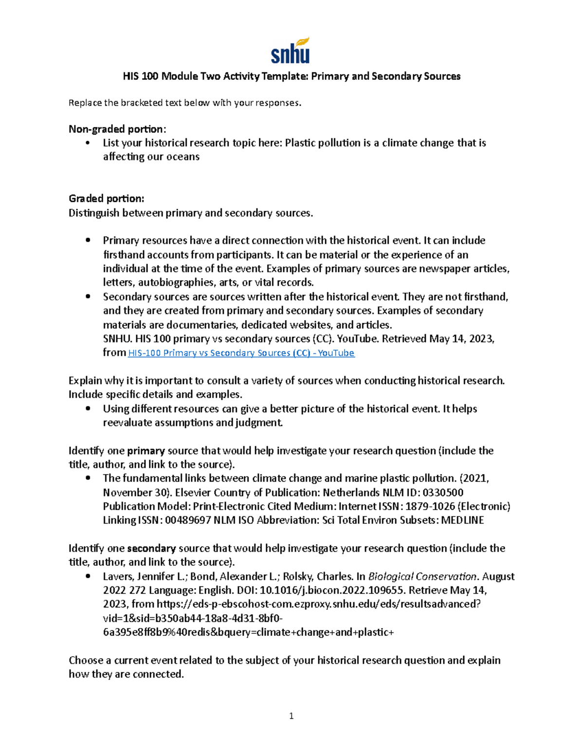 HIS 100 Module Two Activity Sources Template - HIS100 - SNHU - Studocu