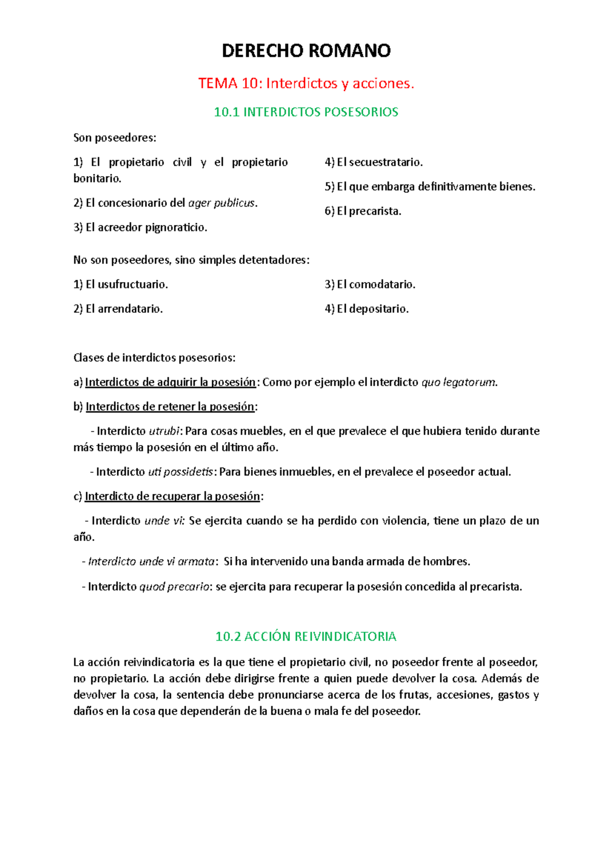 TEMA 10 - Interdictos y acciones - DERECHO ROMANO TEMA 10: Interdictos ...