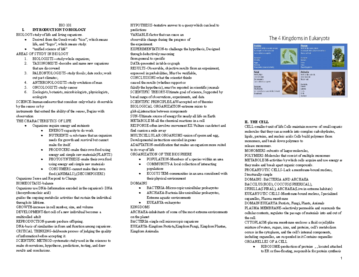 Bio-reviewer - Bio lecture - BIO 101 I. INTRODUCTION TO BIOLOGY BIOLOGY ...