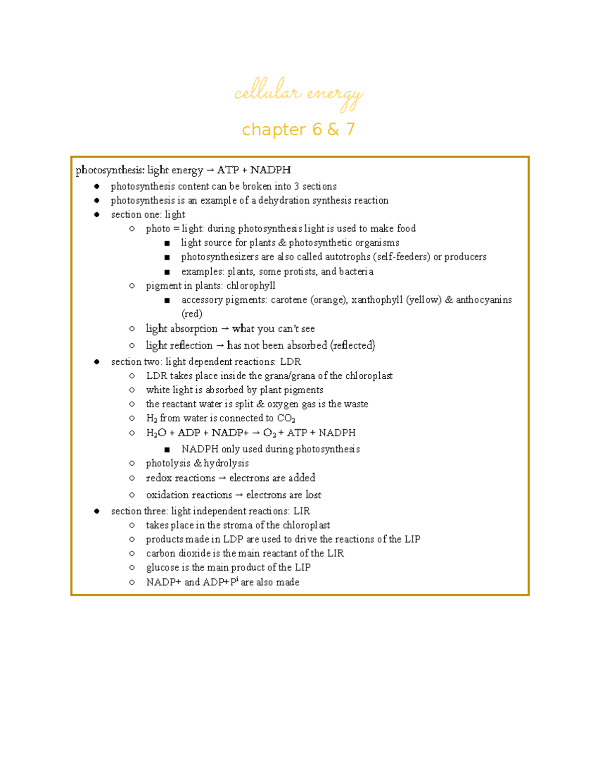 Cellular Energy Notes, ch 6 and 7 - cellular energy chapter 6 & 7 ...
