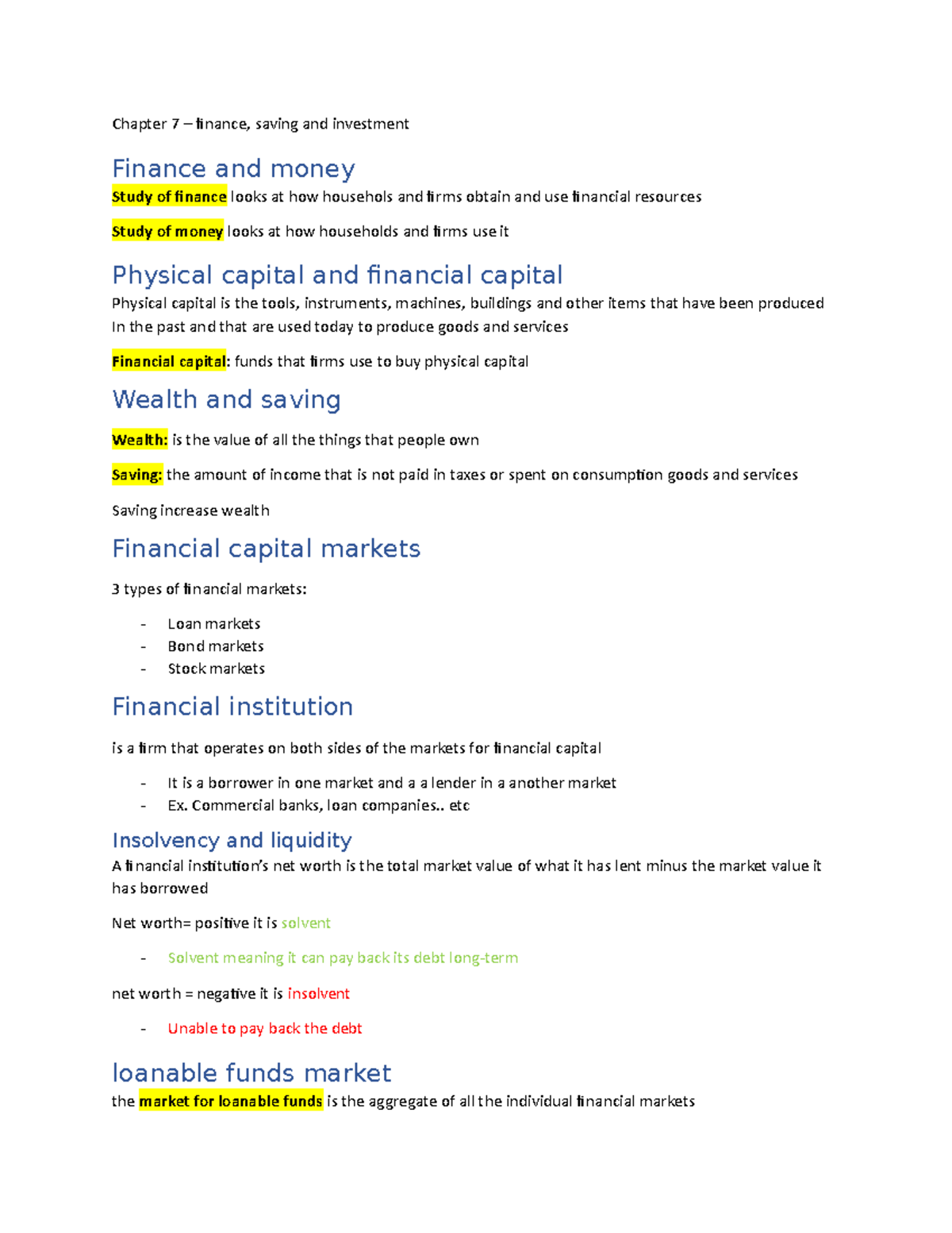 Chapter 7- finance - Chapter 7 – finance, saving and investment Finance ...