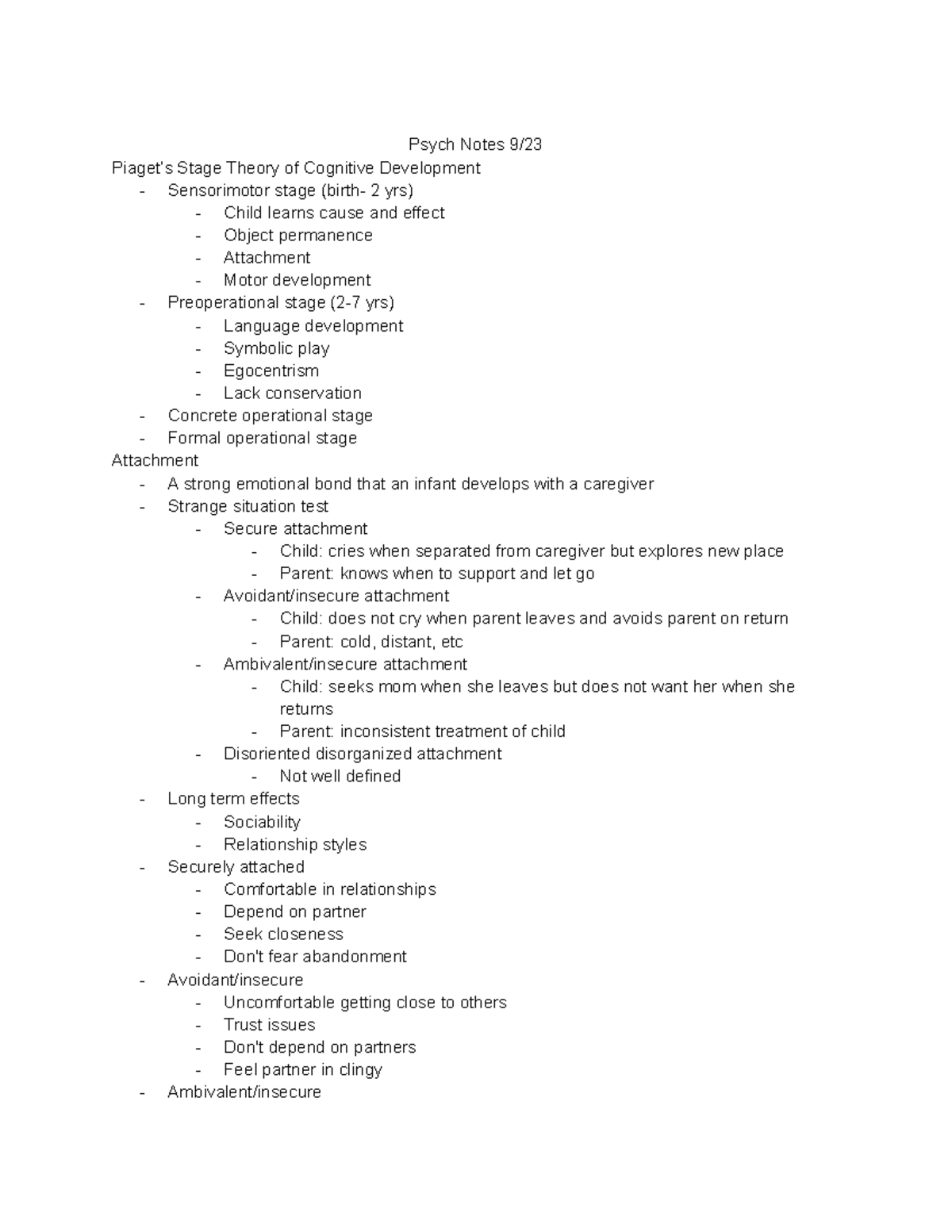 Psych Notes 9/23 - Psych Notes 9/ Piaget’s Stage Theory of Cognitive ...