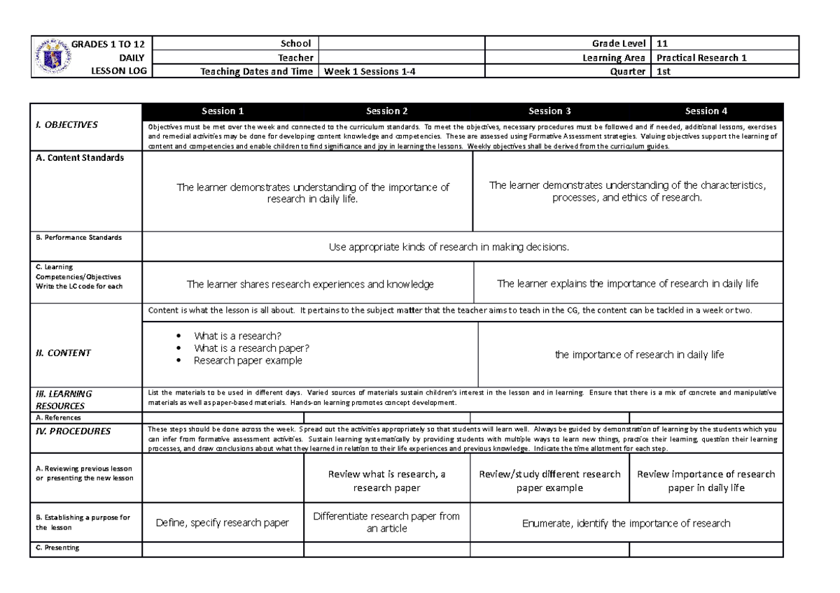 daily lesson log - GRADES 1 TO 12 DAILY LESSON LOG School Grade Level ...