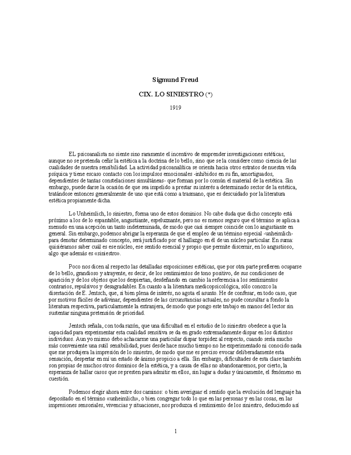 Freud Lo Siniestro (1919) - Sigmund Freud CIX. LO SINIESTRO (*) 1919 I ...