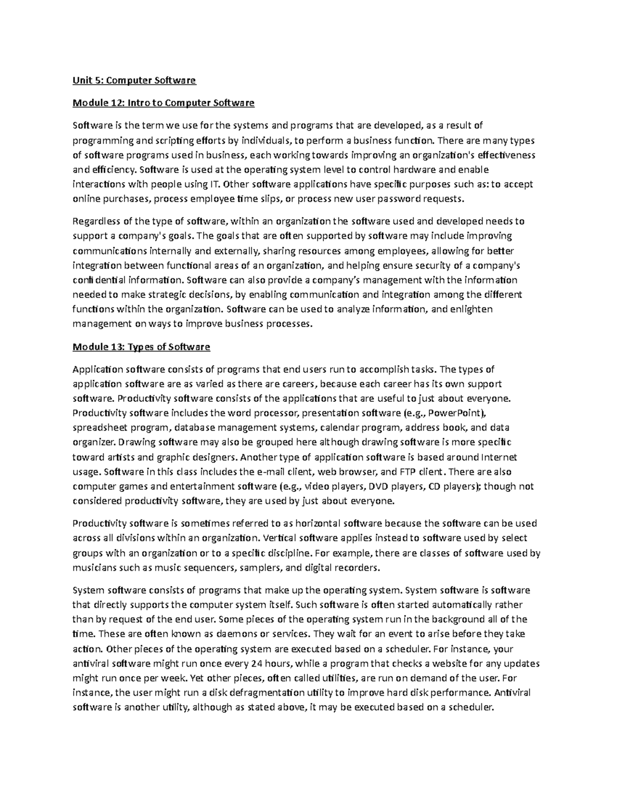 C182 Unit 5 - Lecture notes 5 - Unit 5: Computer Software Module 12 ...