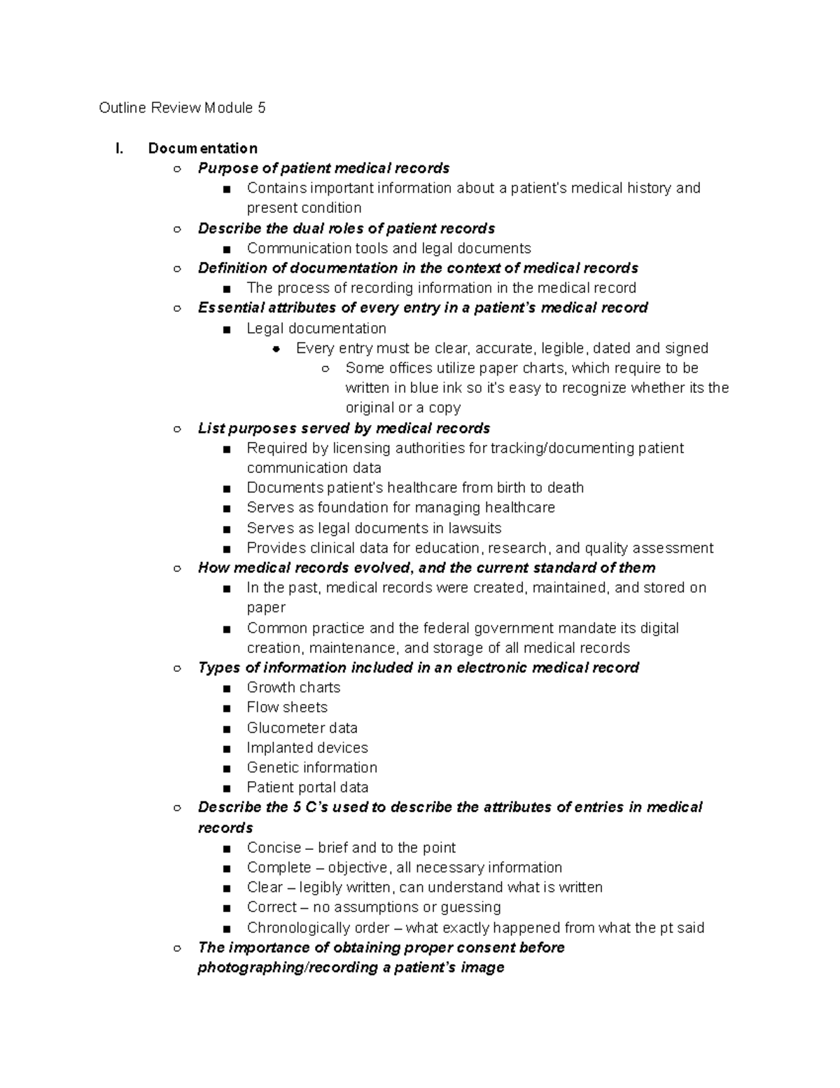 Outline Review Module 5 - Documentation Purpose of patient medical ...