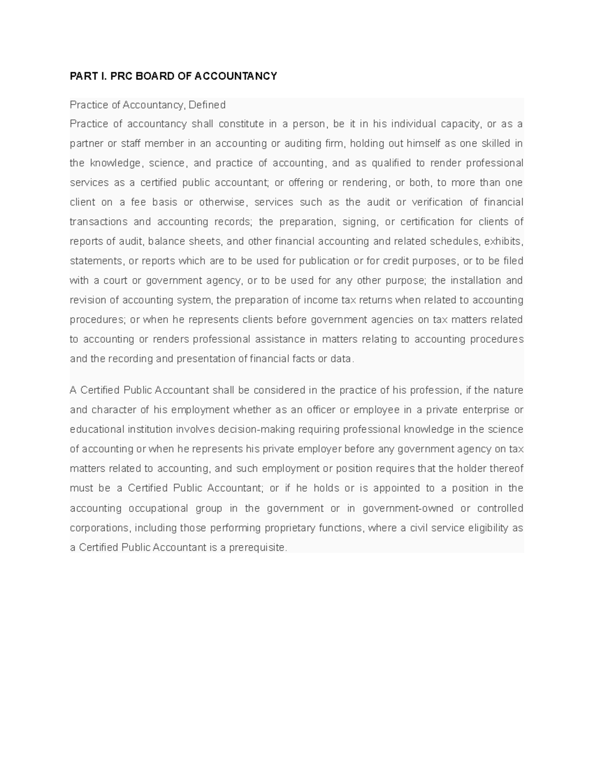 CFAS BOA Picpa Reviewer - PART I. PRC BOARD OF ACCOUNTANCY Practice of ...