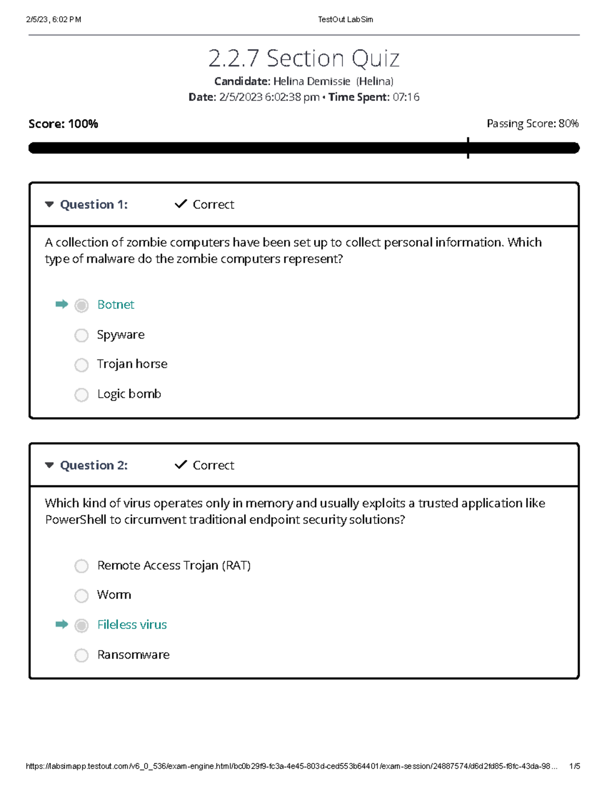 Test Out Lab Sim - Assignment - 2.2 Section Quiz Candidate: Helina ...