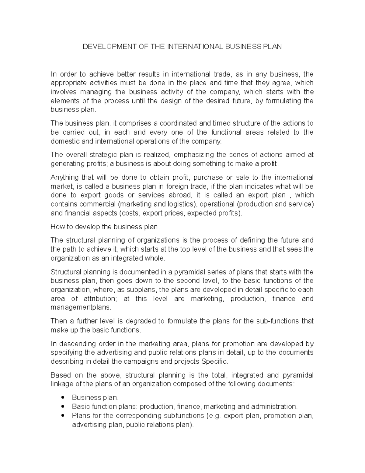 Development OF THE International Business PLAN - DEVELOPMENT OF THE ...