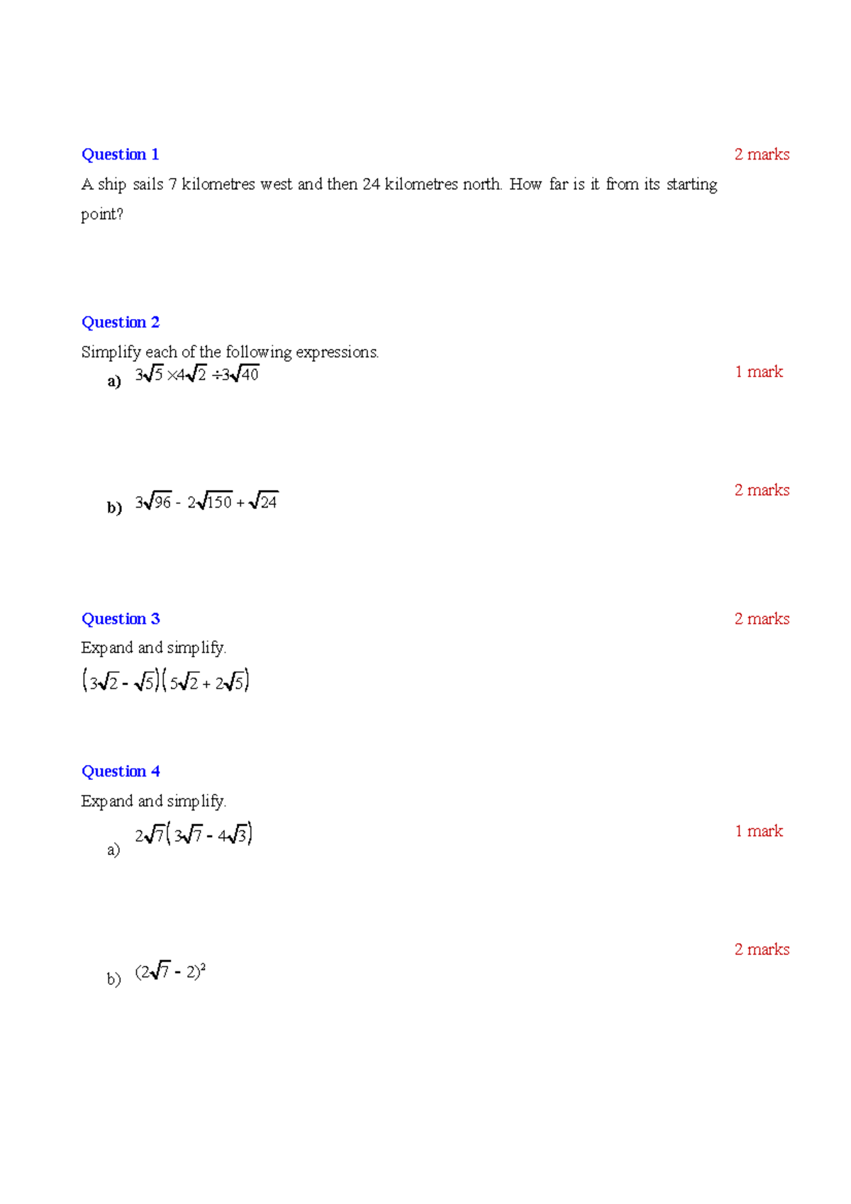 Chapter 2Revision - shrt and ms - Question 1 A ship sails 7 kilometres ...
