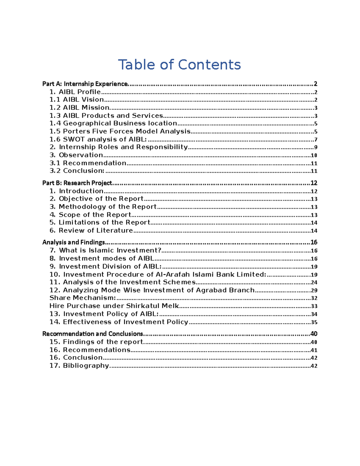 Internship Report AIBL NAF - Table of Contents Part A: Internship - Studocu