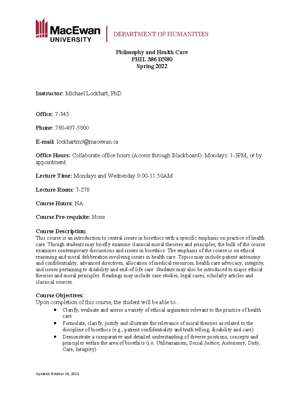 Spring PHIL 386 BN80 Lockhart 2221 - Updated October 29, 2021 ...
