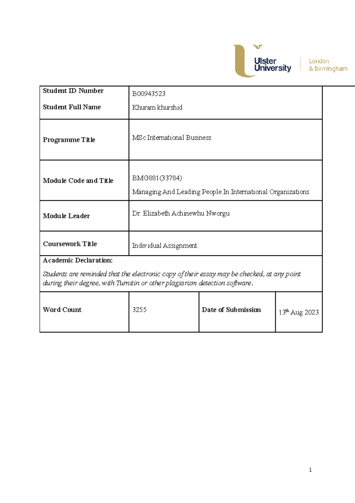 Leadership and Management-1 - Student ID Number Student Full Name B ...