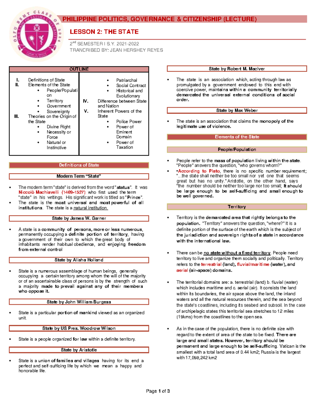 Lesson 2 The State - Transes - PHILIPPINE POLITICS, GOVERNANCE ...