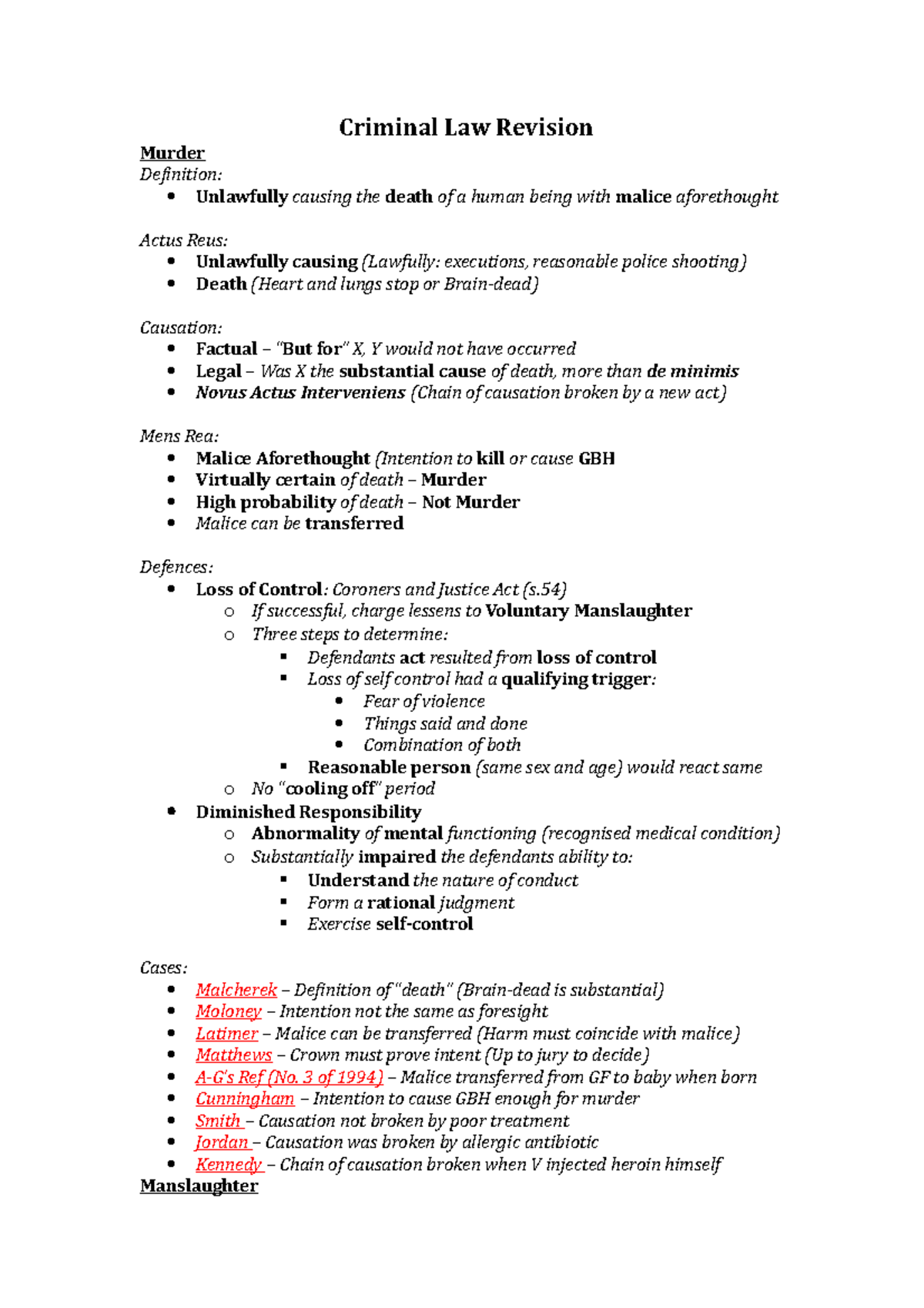 Criminal Law Revision Notes - Criminal Law Revision Murder Definition ...