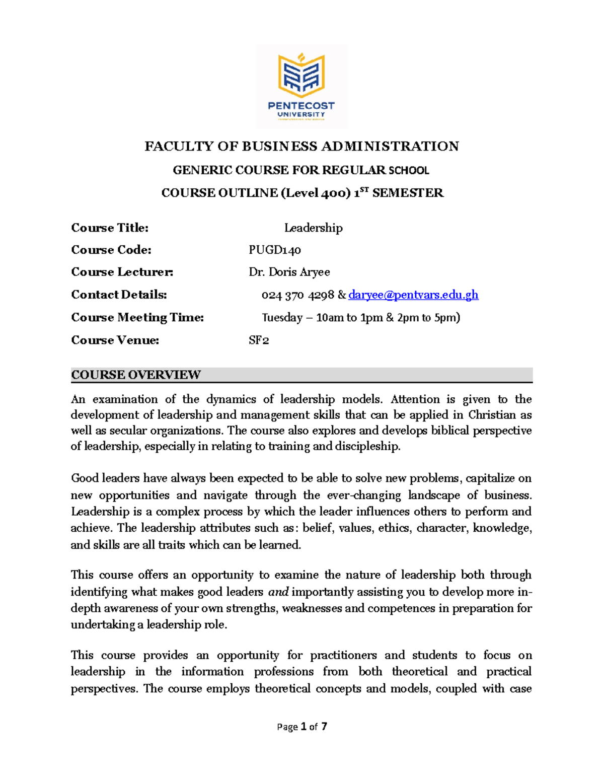 Leadership Course Outline - FACULTY OF BUSINESS ADMINISTRATION GENERIC ...